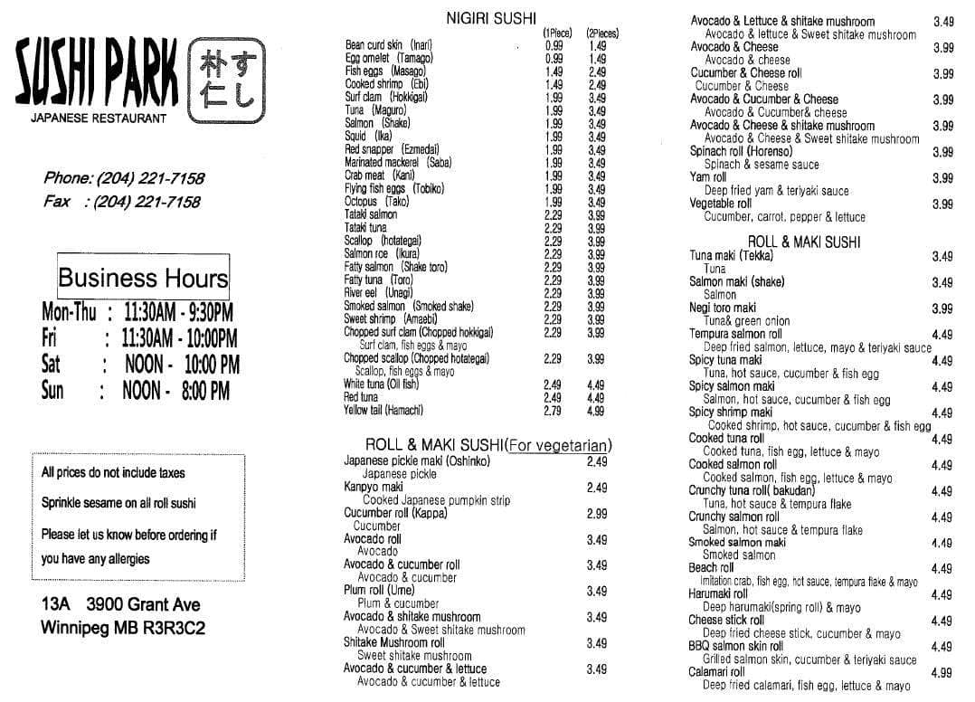 Menu at Sushi Park restaurant, Winnipeg