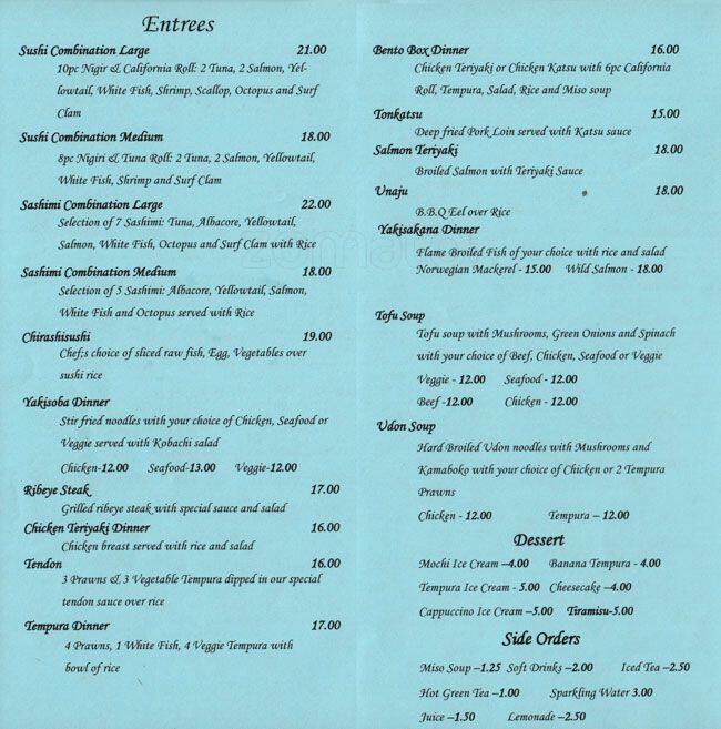 Menu at Sora Sushi restaurant, Woodinville