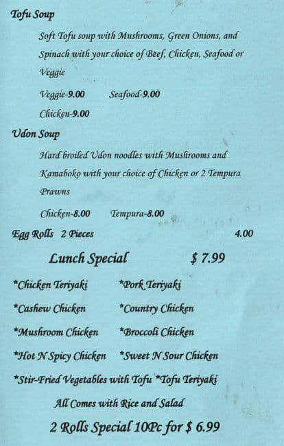 Menu at Sora Sushi restaurant, Woodinville