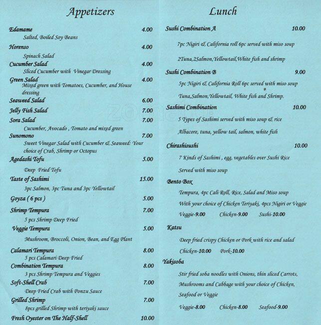 Menu at Sora Sushi restaurant, Woodinville