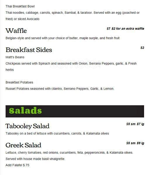 Menu at Tom's Tabooley restaurant, Austin