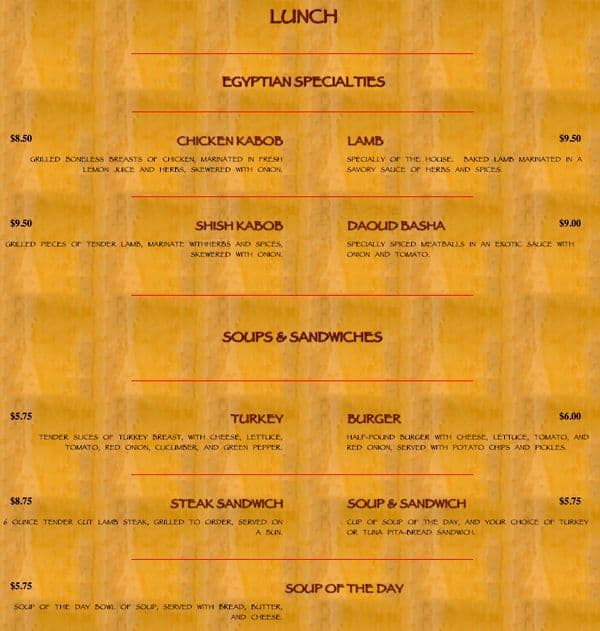 Menu at Mummy's restaurant, Portland