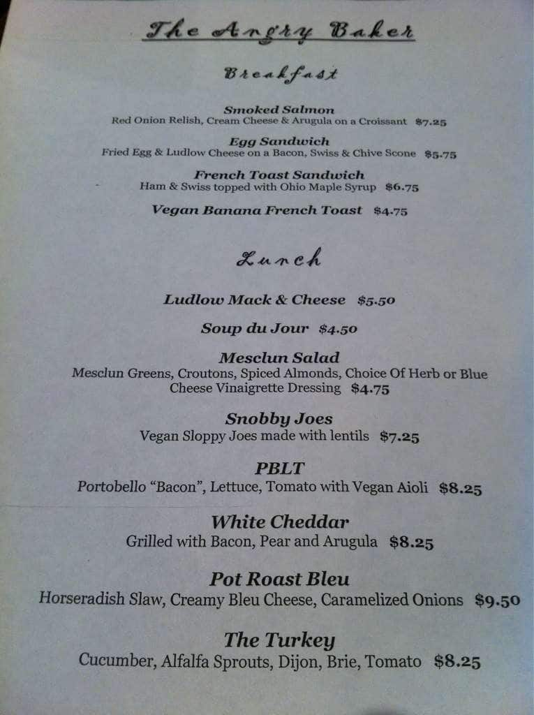 Menu at The Angry Baker Olde Towne East cafe, Columbus, 891 Oak St