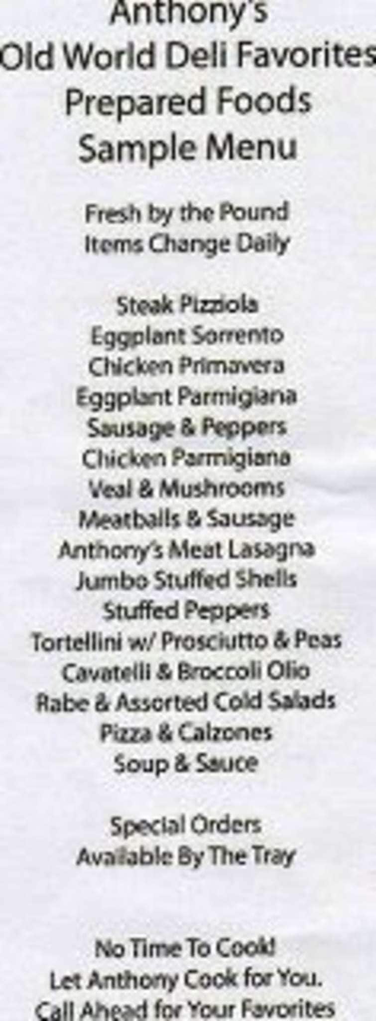 Menu at Anthony's Old World Deli pizzeria, Warwick