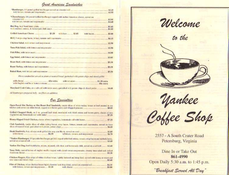 Menu at Yankee Coffee Shop cafe, Petersburg