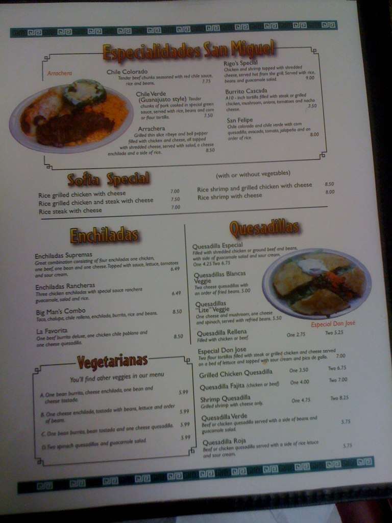 Menu at La Cascada restaurant, Brookland