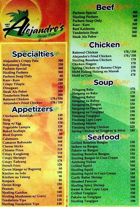 Alejandro's Crispy Pata Menu, Menu for Alejandro's Crispy Pata ...