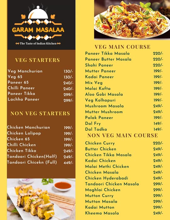 Menu of Garam Masalaa, Abids, Hyderabad