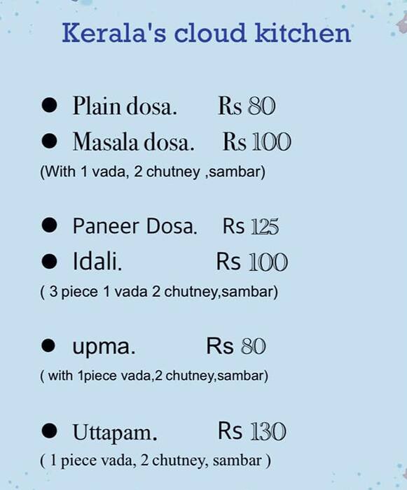 Menu of Kerala's Cloud Kitchen, Marble Market Area, Jammu