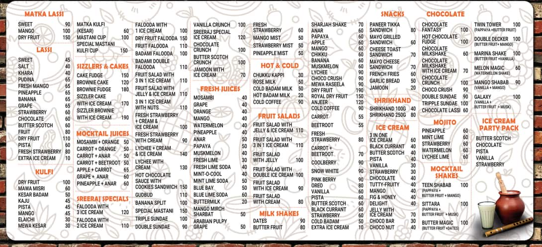 Menu of Sreeraj Lassi Bar - Since 1973, HBR Layout, Bangalore