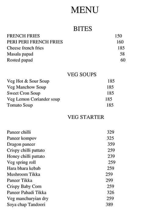 Menu of The Lion Club, Undri, Pune