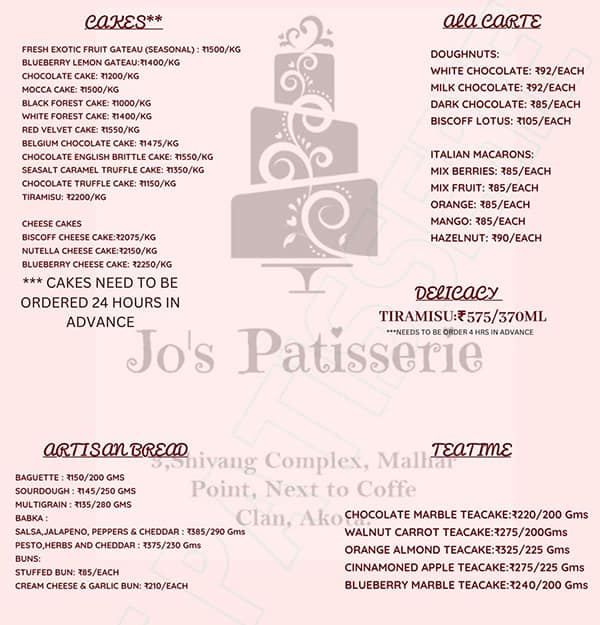 Menu of Jo's Patisserie, Akota, Vadodara