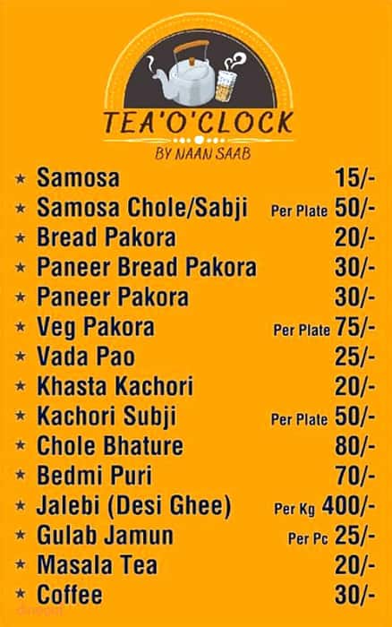 Menu of Tea O Clock, Sector 75, Noida