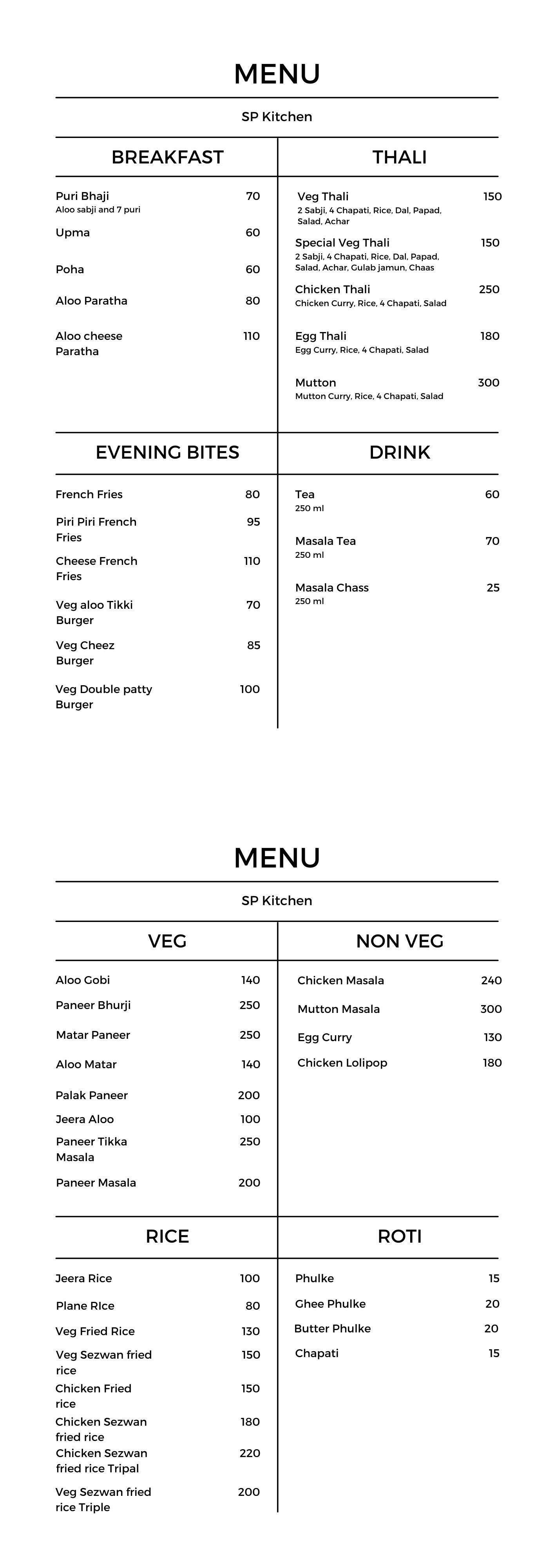 Menu of SP Kitchen, Virar, Mumbai