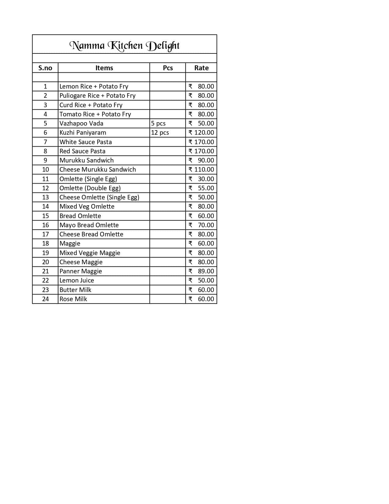 Menu of Namma Kitchen Delights, Valasaravakkam, Chennai