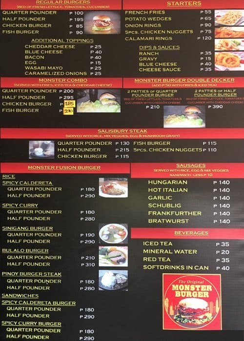 Menu at Monster Burger restaurant, Quezon City, 134 private rd compound