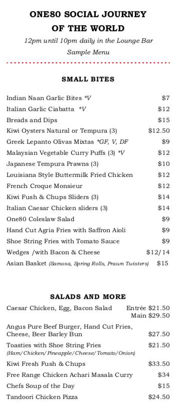 Menu at One80 Restaurant & Lounge Bar, Wellington, Wellington