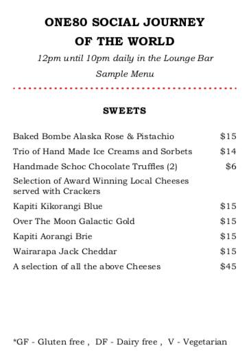 Menu at One80 Restaurant & Lounge Bar, Wellington, Wellington