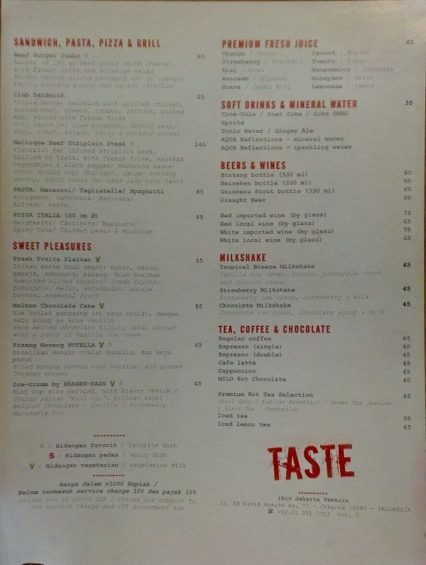 Menu at La Table restaurant, Jakarta, Ibis Tamarin Hotel