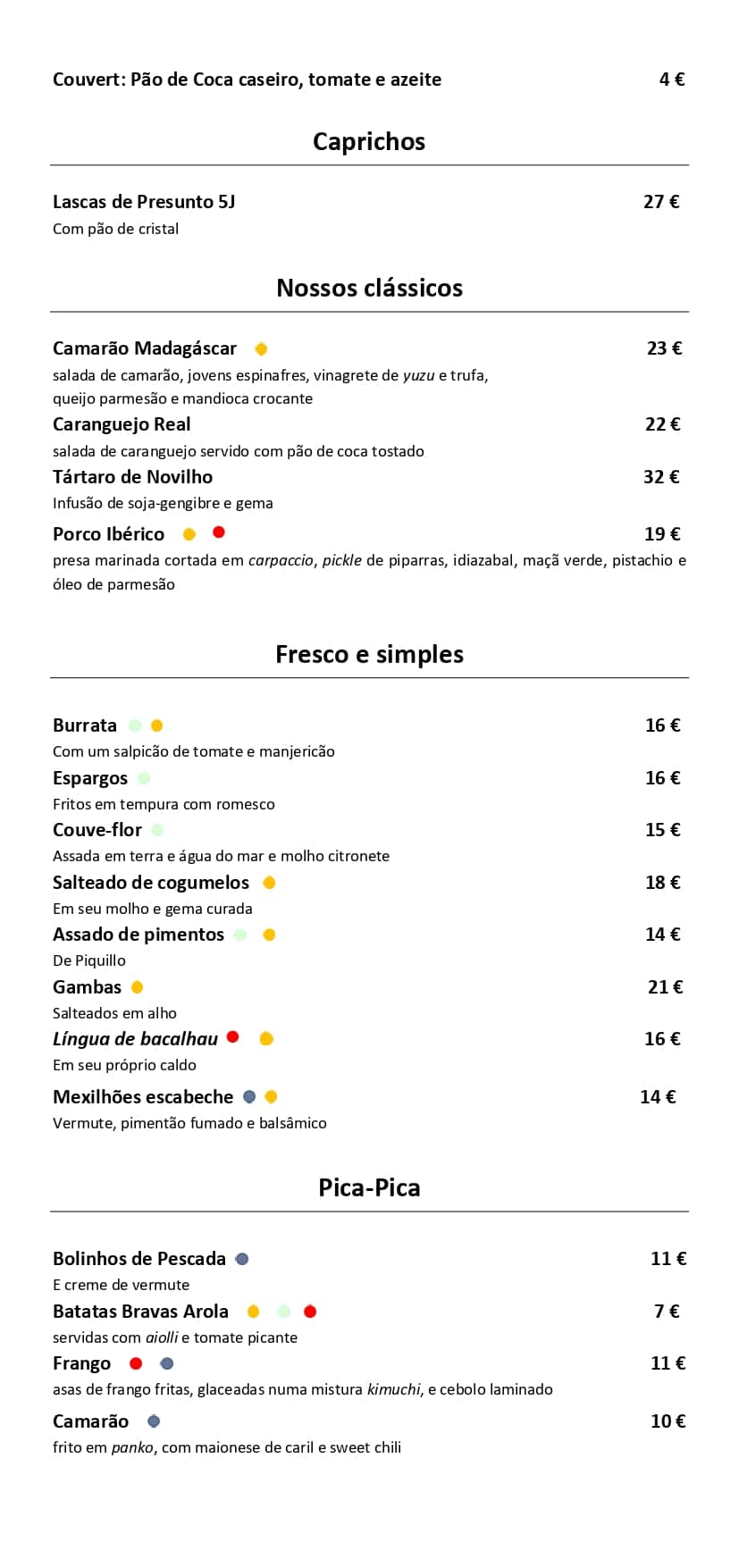 Menu at Arola restaurant, Sintra, Quinta da Lagoa Azul