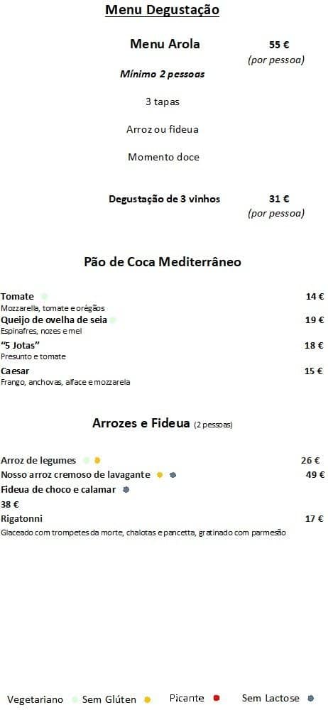 Menu at Restaurante Arola, Sintra, Quinta da Lagoa Azul