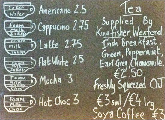 Menu at Raglan cafe, Dublin