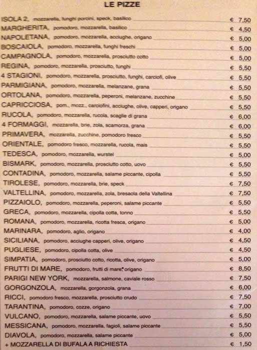 Speisekarte von L'Isola dei Timeout 2 pizza, Mailand