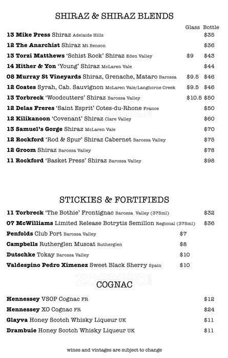 Menu at Union Hotel pub & bar, Adelaide