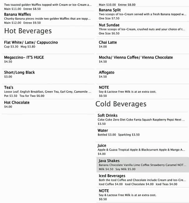 Menu at The Javahut restaurant, Gawler