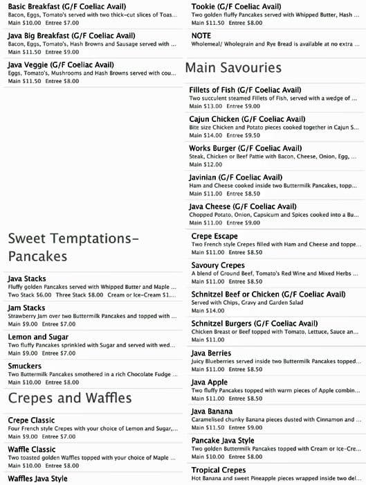 Menu at The Javahut restaurant, Gawler