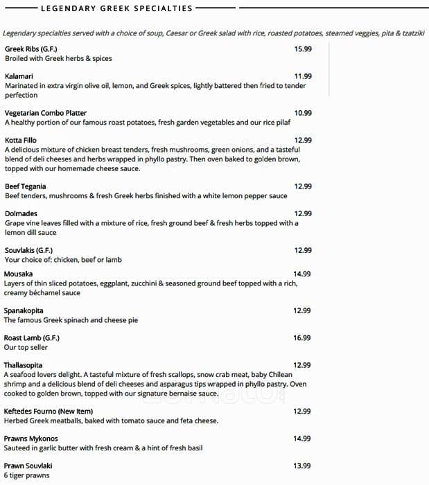 Menu at Greek Islands restaurant, Surrey