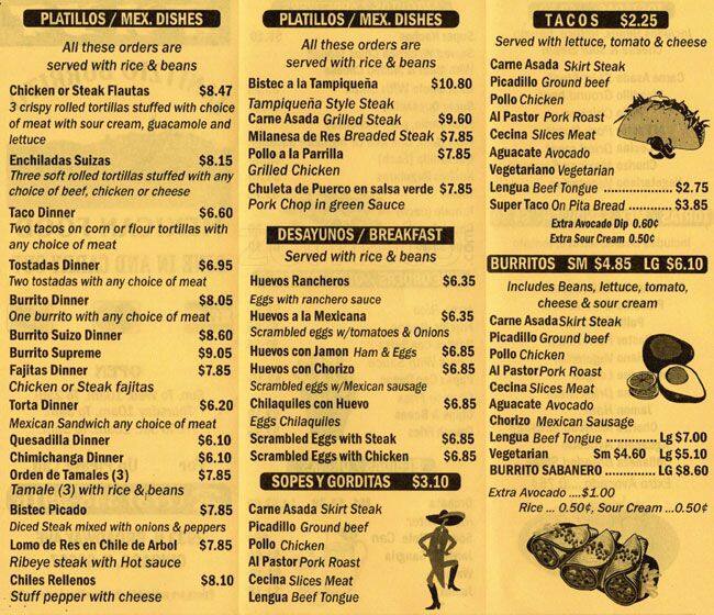 Menu at Janitzio Burrito restaurant, Chicago