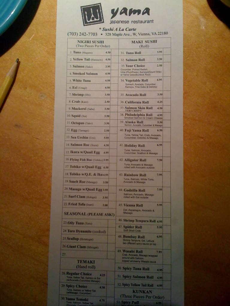 Menu at Sushi Yama (Yama Japanese Restaurant), Vienna