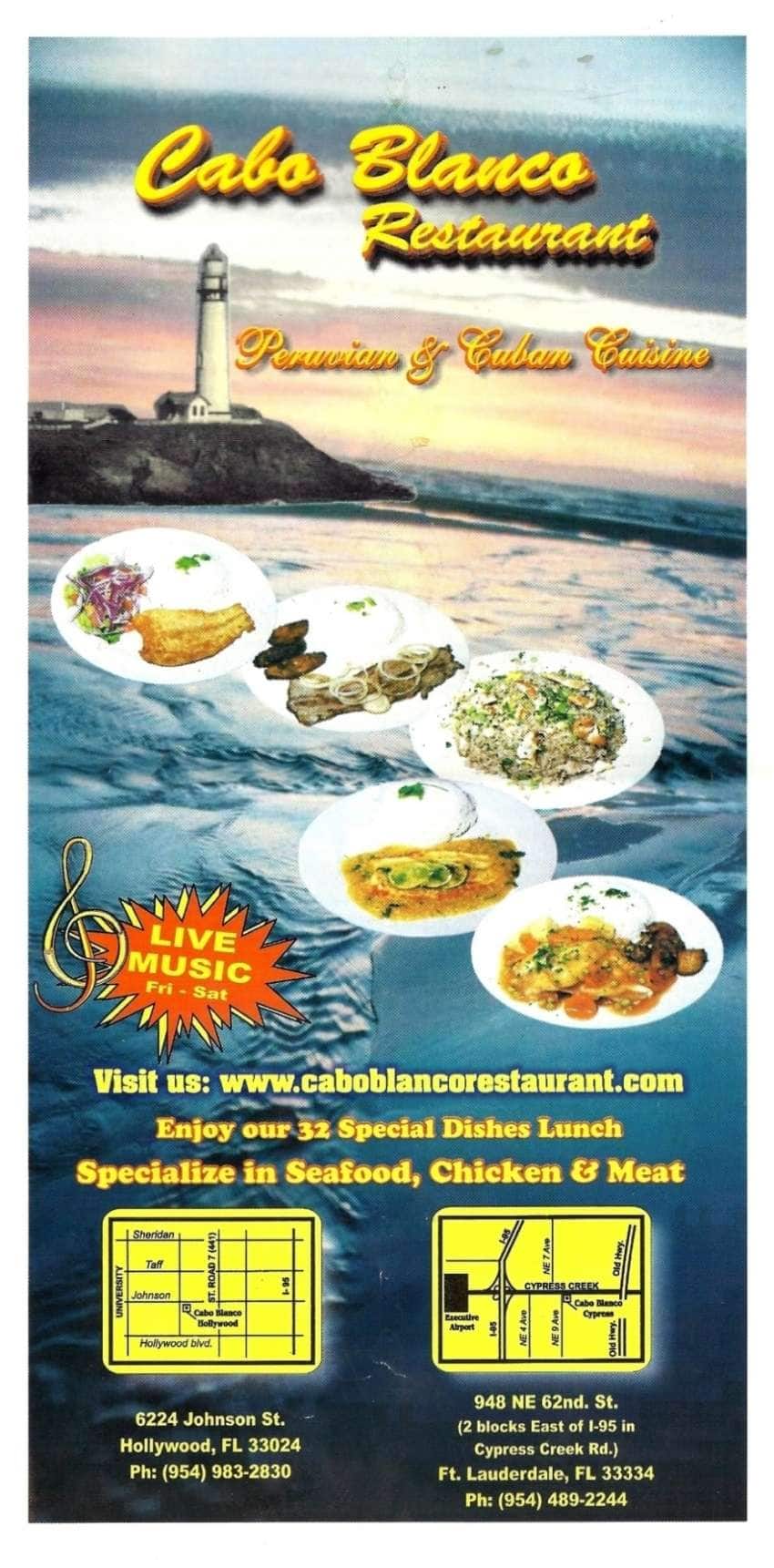 Menu at Cabo Blanco restaurant, Hollywood, Johnson St