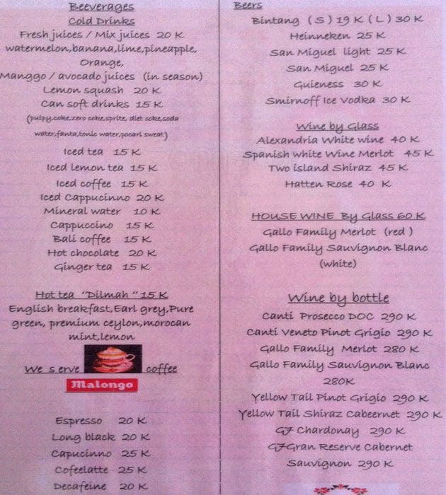 Menu at Warung 66 Sanur cafe, Denpasar