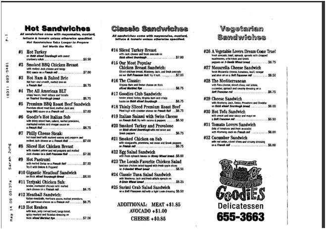 Menu at Goodie's restaurant, Pacific Grove