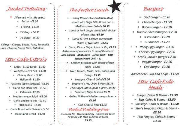 Menu at Star Cafe, London, 397 Brockley Rd