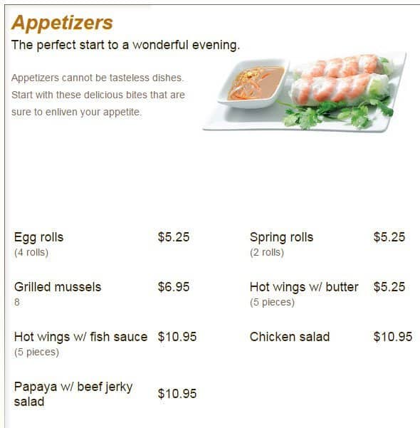 Menu at Pho 89 restaurant, Fresno