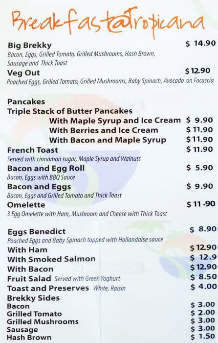 Menu at Tropicana restaurant, Burleigh Heads, Gold Coast Hwy