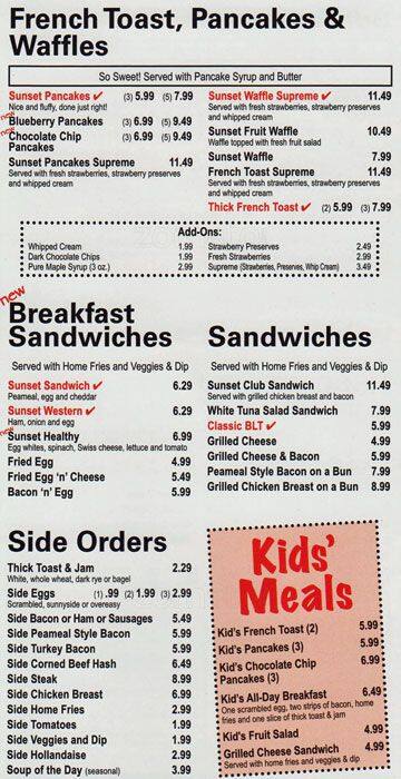 Menu at Sunset Grill restaurant, Ottawa