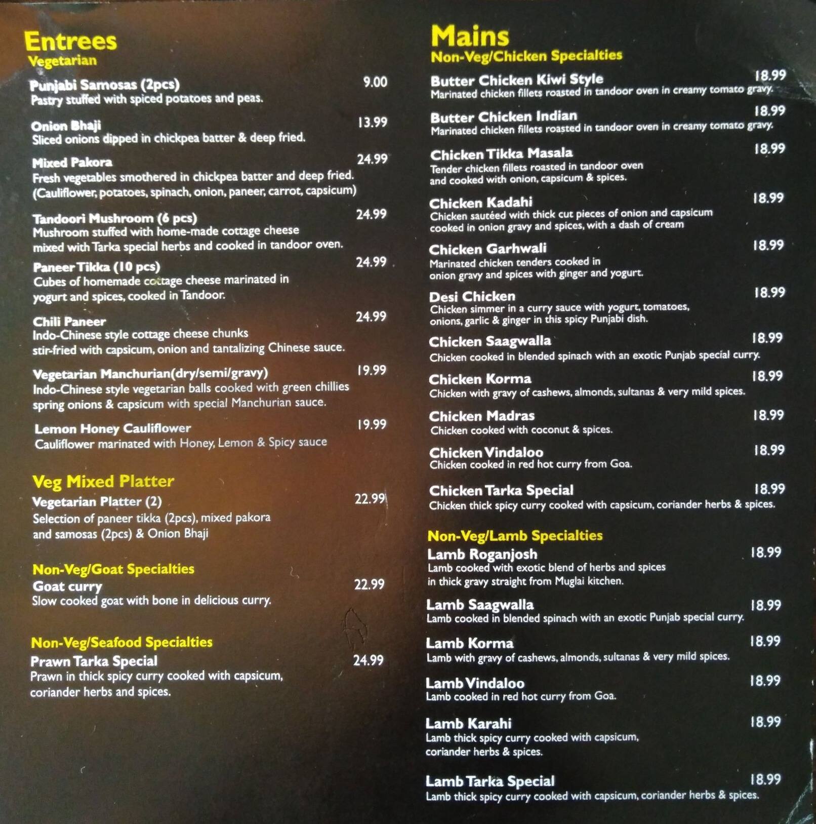 Menu at Tarka Indian Eatery Botany restaurant, Auckland, 302 Te Irirangi Dr