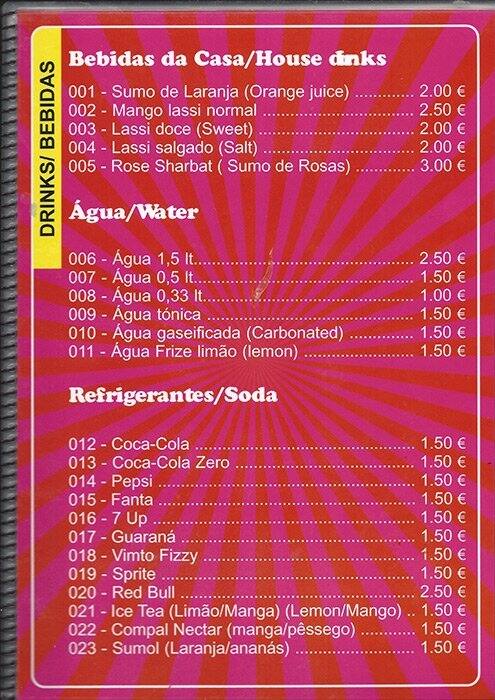 Menu at Chilli's Kitchen restaurant, Lisbon