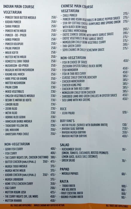 Menu of The Curry Night, Rahmat Nagar, Gorakhpur