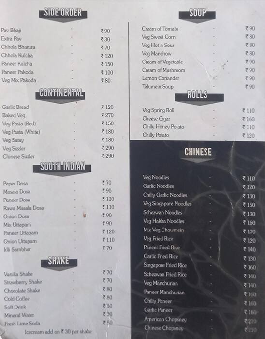 Menu at Cawnpore Heights departmental store, Kanpur