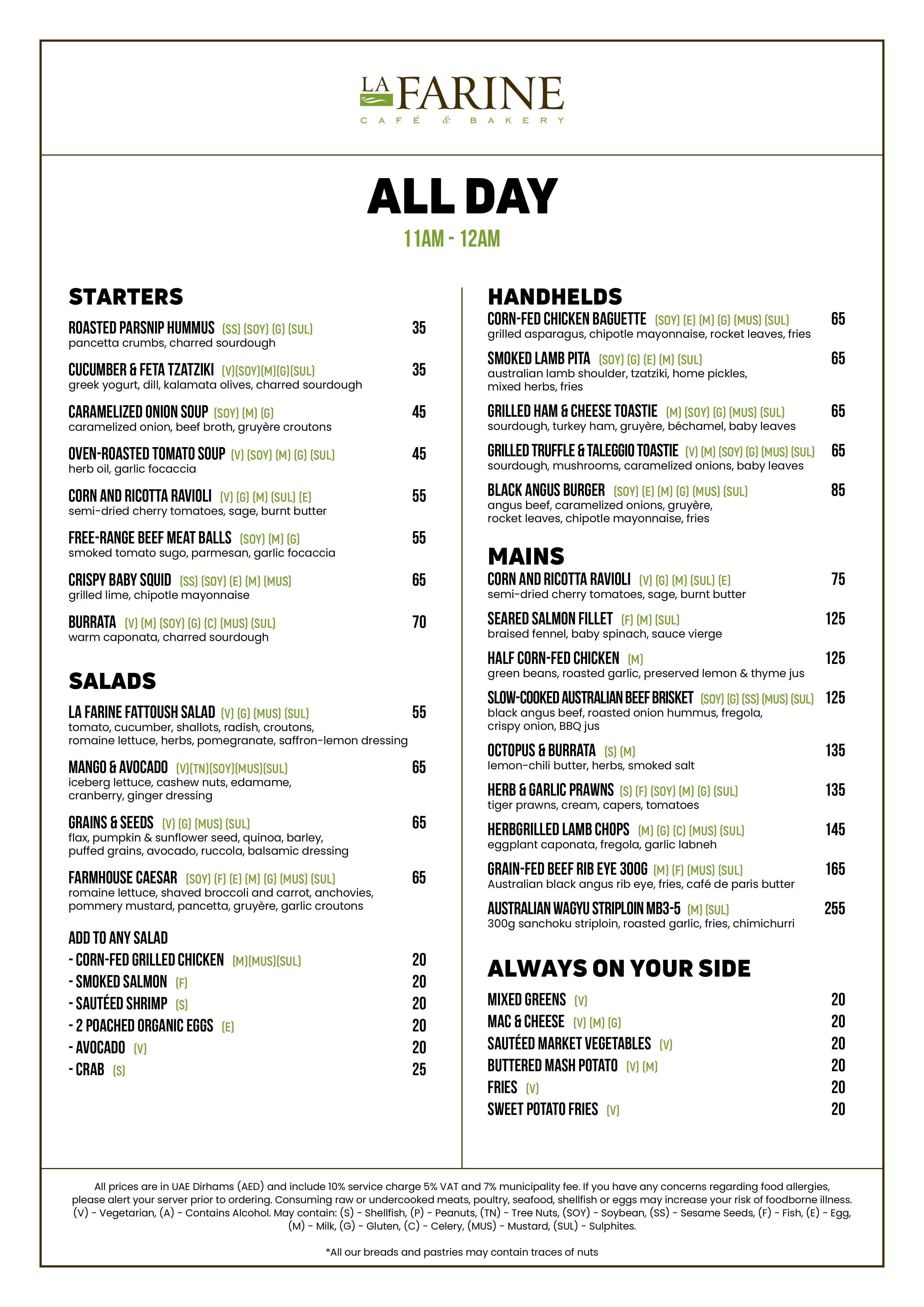 Menu at La Farine Café & Bakery, Dubai