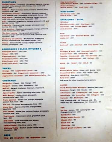 Menu of Prana Mandrem, Mandrem, Goa