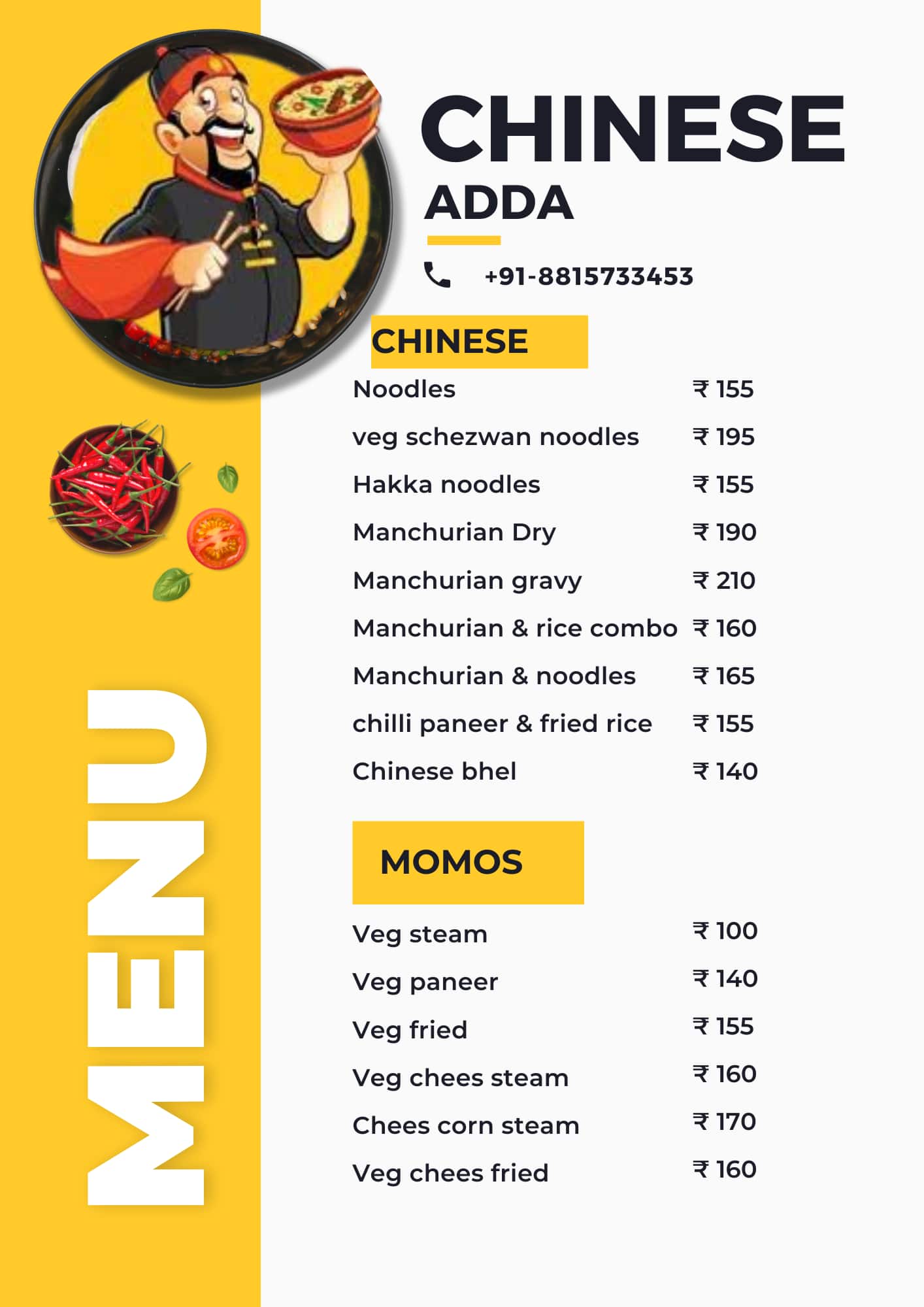 Menu of Chinese Adda, By Pass Road (South), Indore