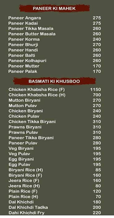 Menu of Sunrise Family Restaurant, Sakinaka, Mumbai
