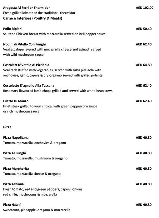 Menu at Caesar's Palace restaurant, Sharjah