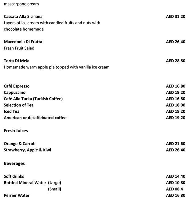Menu at Caesar's Palace restaurant, Sharjah
